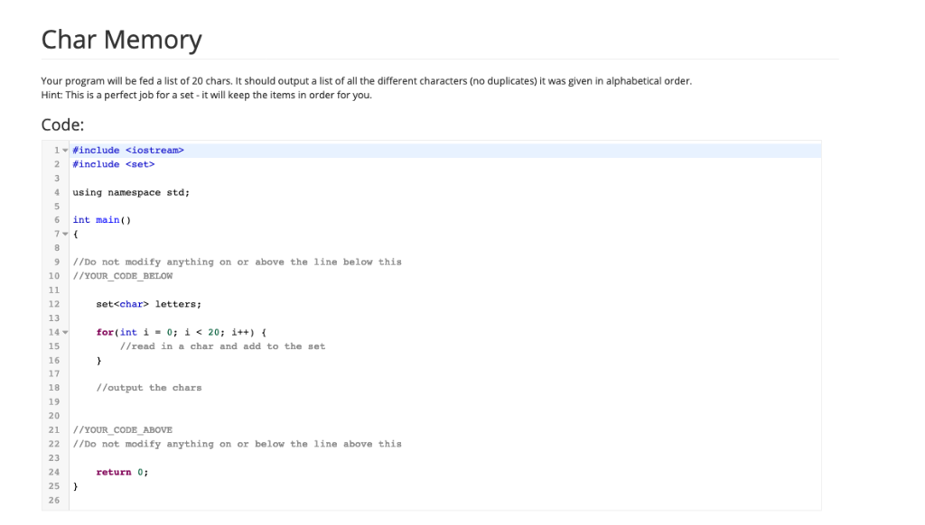 Solved Char Memory Your program will be fed a list of 20 | Chegg.com