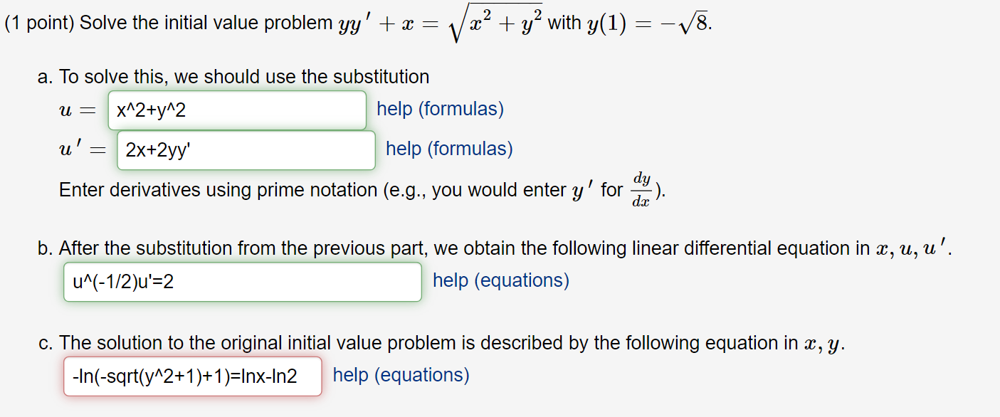 Solved 1 point) Solve the initial value problem yy′+x=x2+y2 | Chegg.com