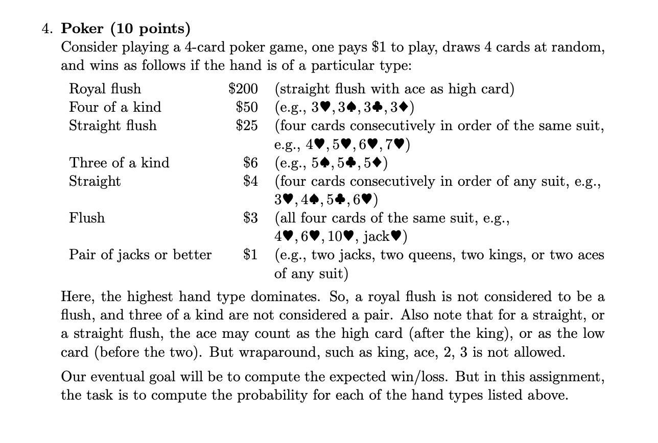 Solved 4. Poker (10 points) Consider playing a 4-card poker | Chegg.com