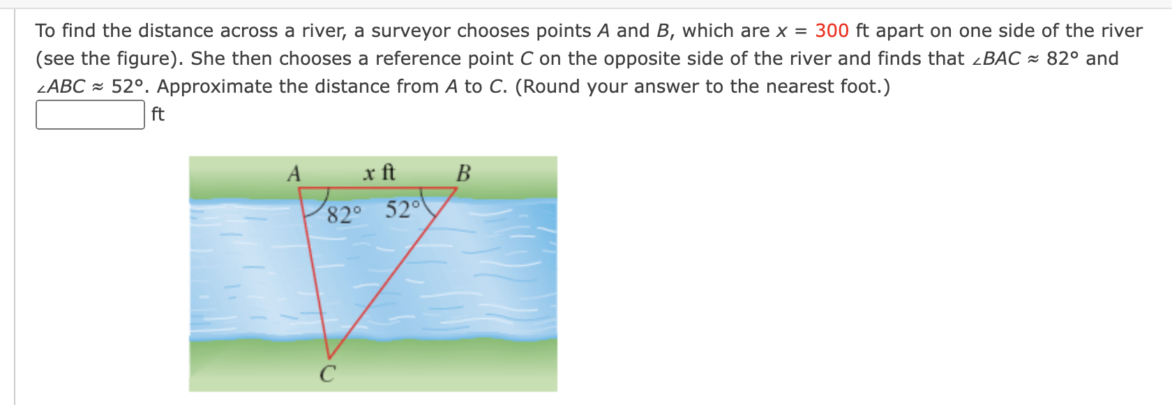 Solved To find the distance across a river, a surveyor | Chegg.com