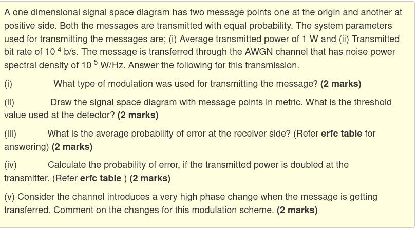A one dimensional signal space diagram has two | Chegg.com