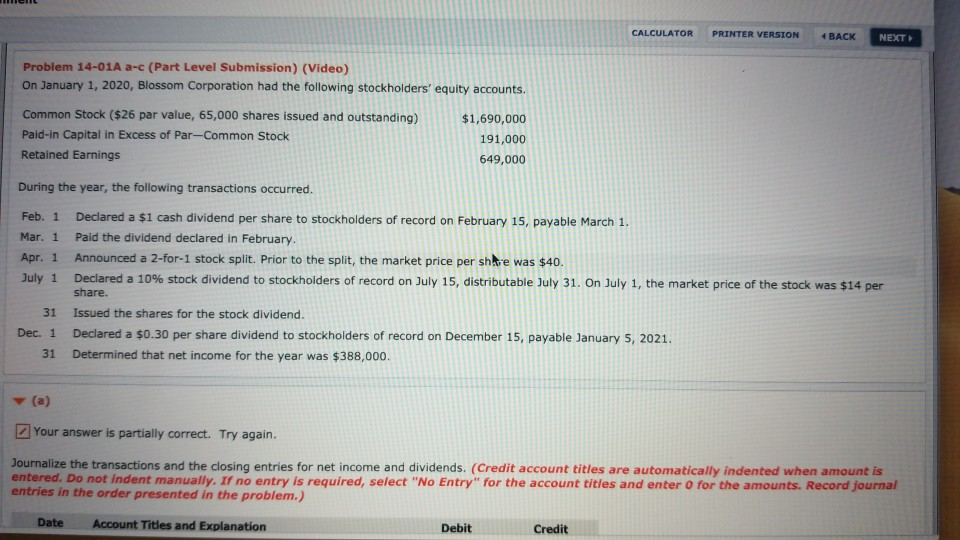 Solved CALCULATOR PRINTER VERSION BACK NEXT Problem 14-01A | Chegg.com