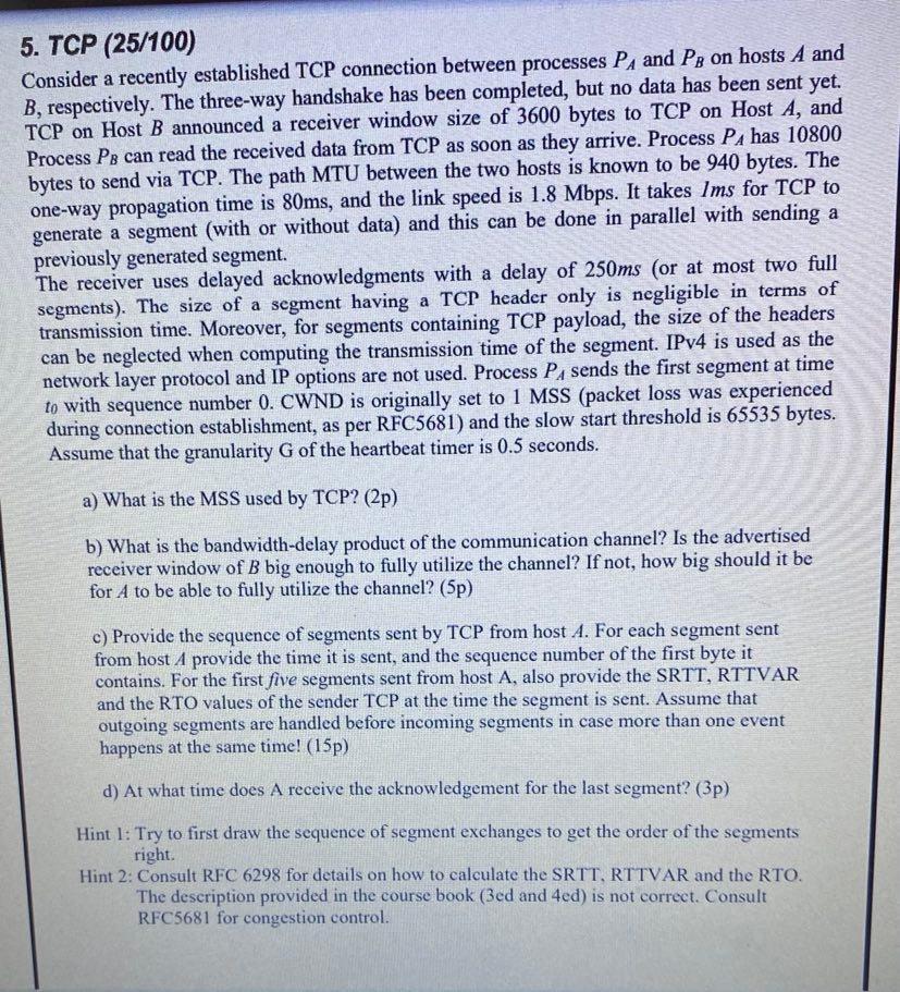 Solved TCP (25/100) onsider a recently established TCP | Chegg.com