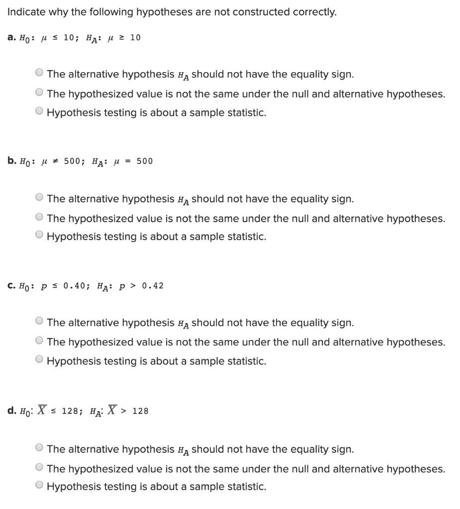 Solved Indicate why the following hypotheses are not | Chegg.com