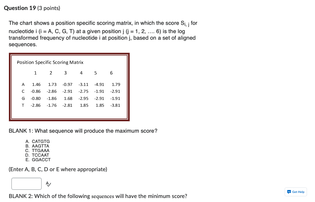 Solved The chart shows a position specific scoring matrix, | Chegg.com