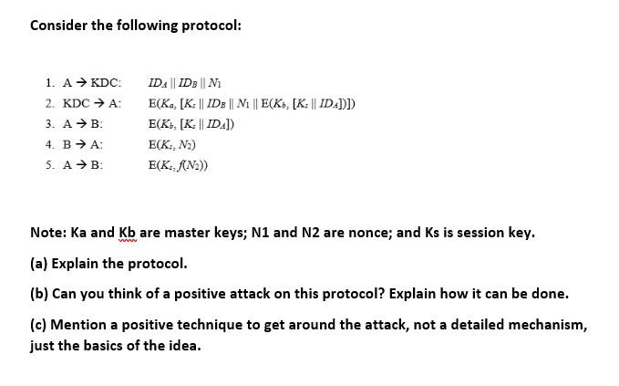 Solved Consider the following protocol: 1. A → KDC: 2. KDC → | Chegg.com