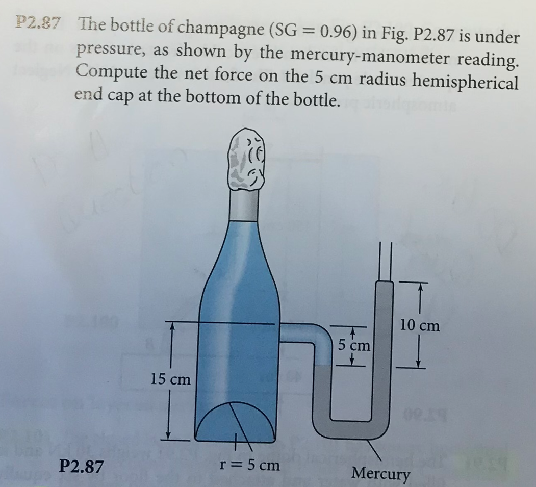 Solved 2.87 The bottle of champagne (SG=0.96) in Fig. P2.87 | Chegg.com