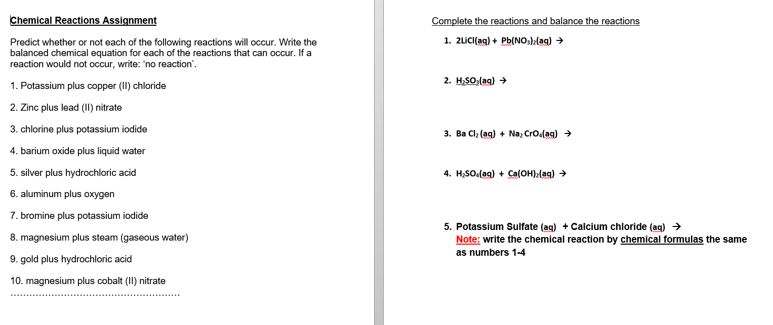 Solved Chemical Reactions Assignment Predict whether or not | Chegg.com