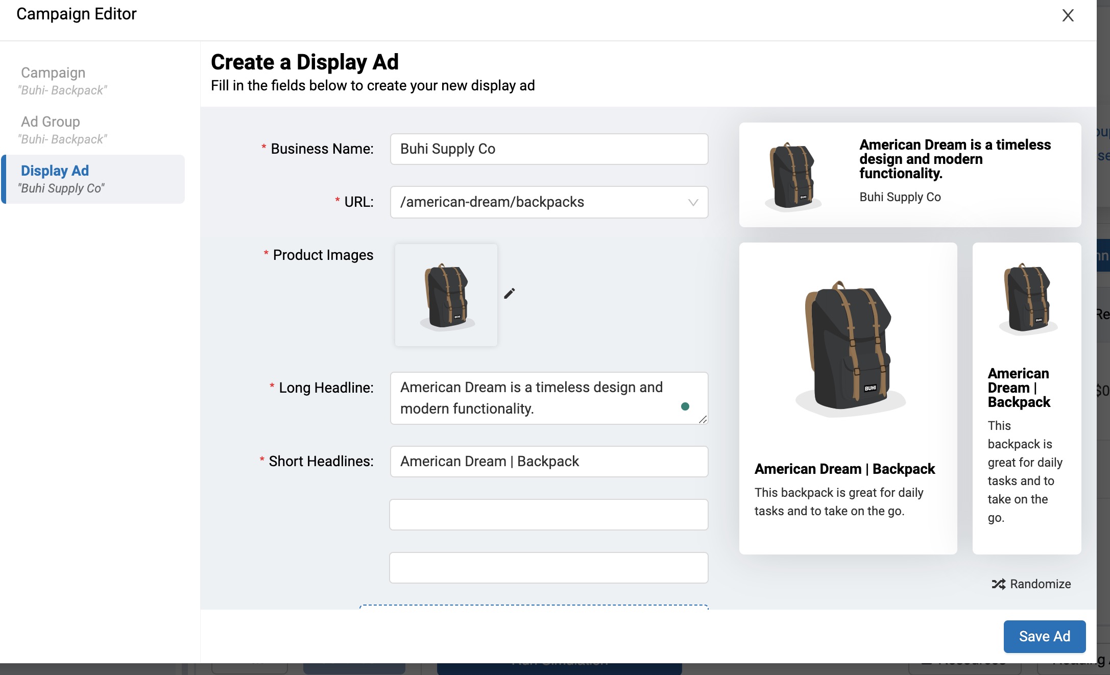 Campaign Editor Campaign "Buhi-Backpack" Ad Group | Chegg.com