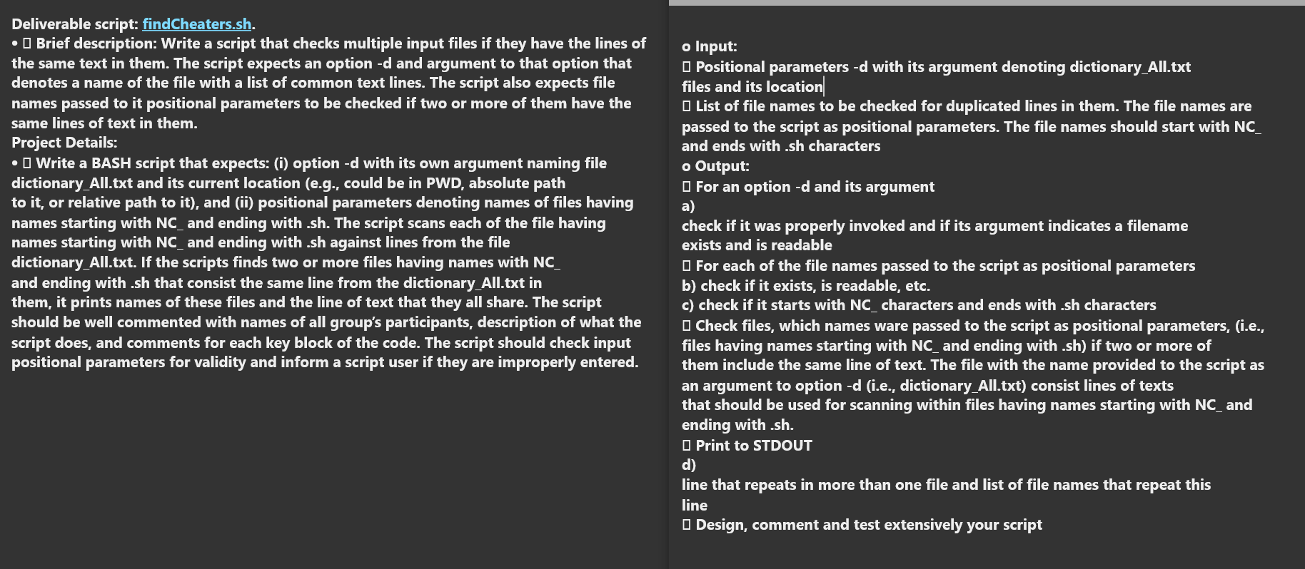 Deliverable script: findcheaters.sh. • Brief | Chegg.com