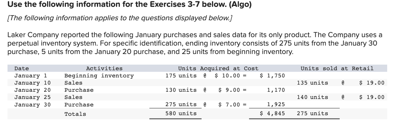 Solved Use the following information for the Exercises 3-7 | Chegg.com