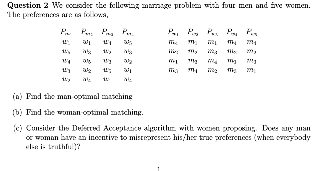 Solved Question 2 We consider the following marriage problem | Chegg.com