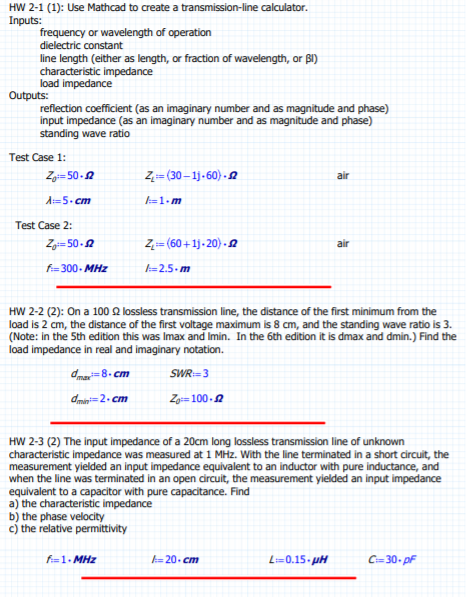 HW 2-1 (1): Use Mathcad to create a transmission-line | Chegg.com