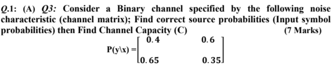 Solved Q.1: (A) 03: Consider a Binary channel specified by | Chegg.com