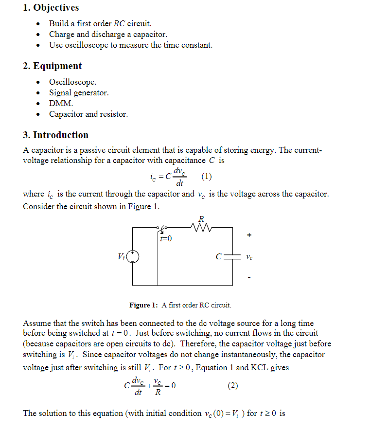 Solved 1. Objectives • Build a first order RC circuit. • | Chegg.com