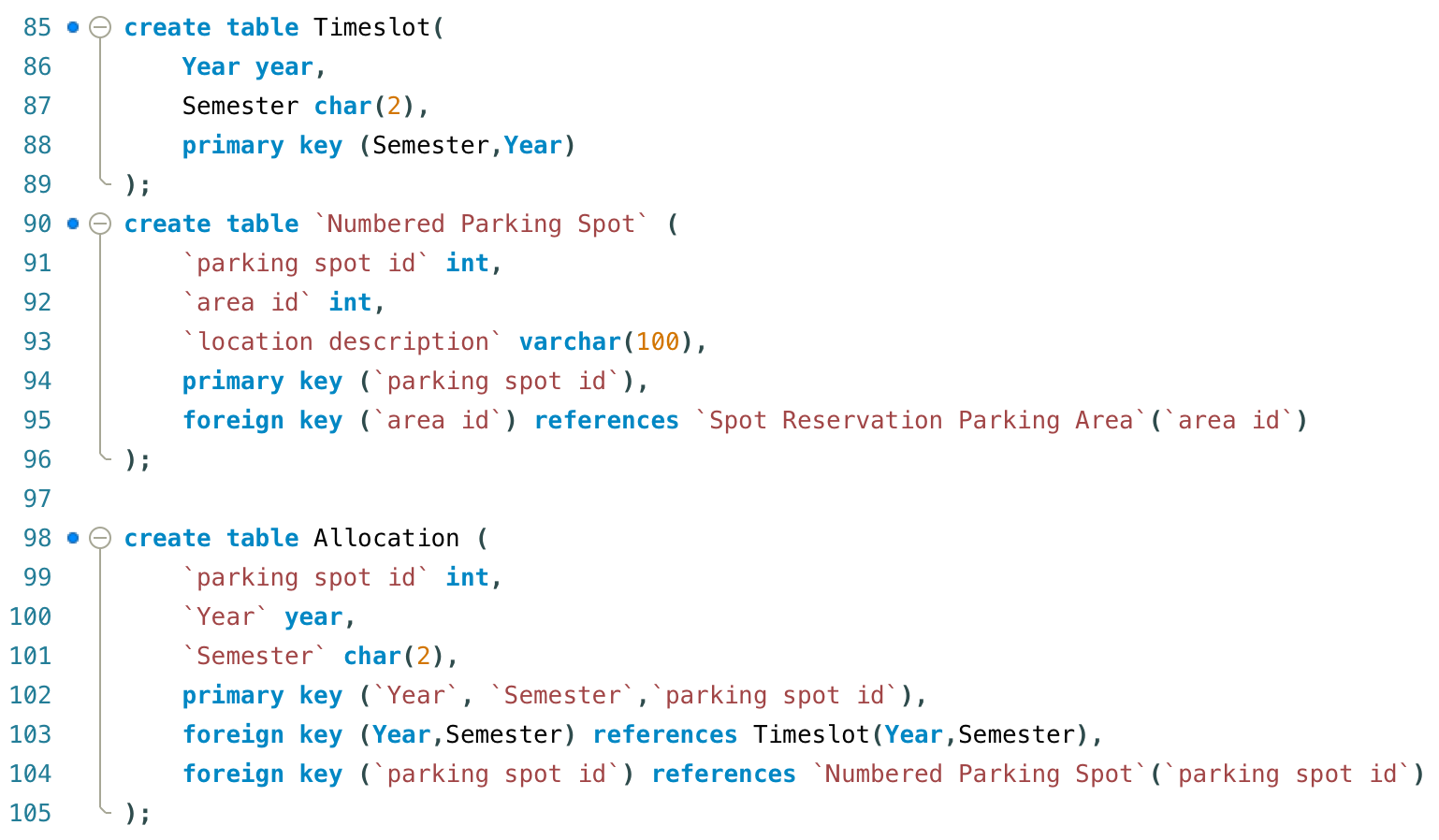 Solved 85⋅⊖ create table Timeslot ( Year year, Semester | Chegg.com