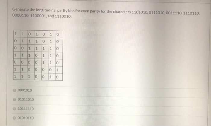 Solved Generate the longitudinal parity bits for even parity | Chegg.com