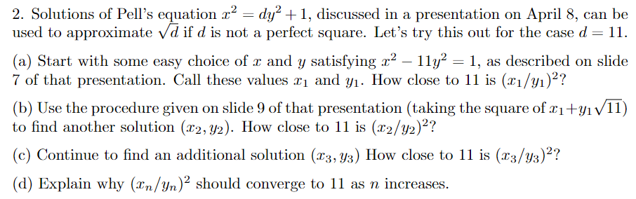 Solved у 2. Solutions of Pell's equation x2 = dy2 +1, | Chegg.com