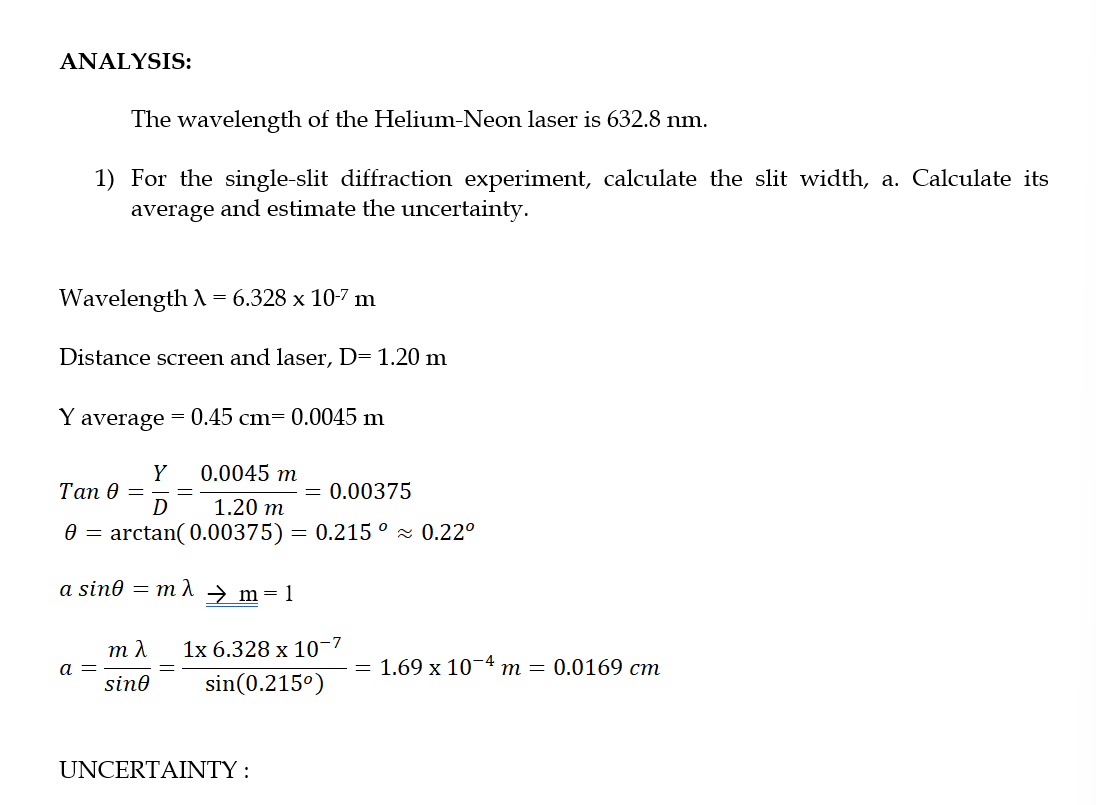 Solved how do i calculate the uncertainty of the slit width | Chegg.com