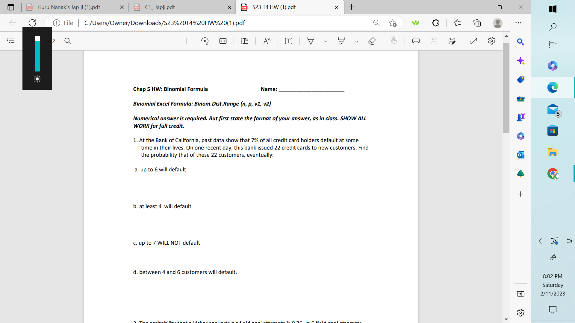 Solved Binomial Excel Formula: Binom.Dist.Range ( n,p,v1,v2) | Chegg.com