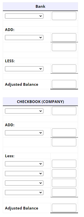 Solved Bank ADD: LESS: Adjusted Balance CHECKBOOK (COMPANY) | Chegg.com