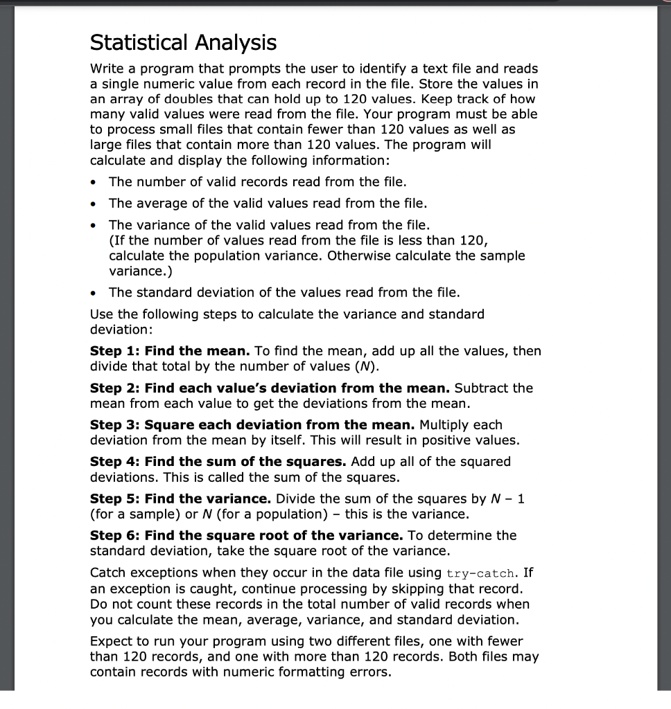 Solved Statistical Analysis Write a program that prompts the | Chegg.com