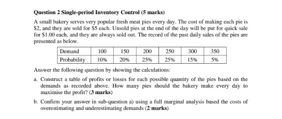 Solved Question 2 Single-period Inventory Control (5 marks) | Chegg.com