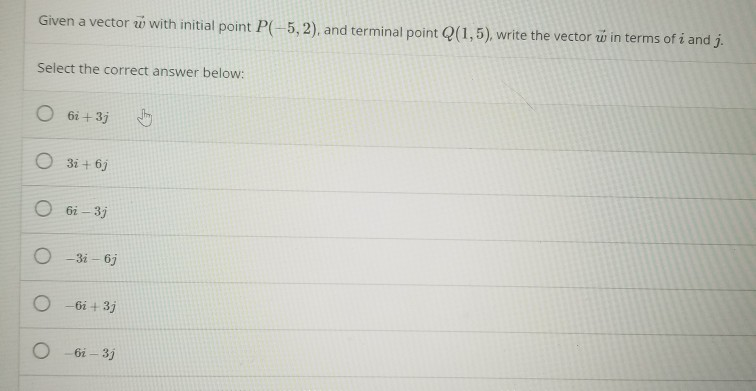 Solved Given a vector w with initial point P(-5,2), and | Chegg.com