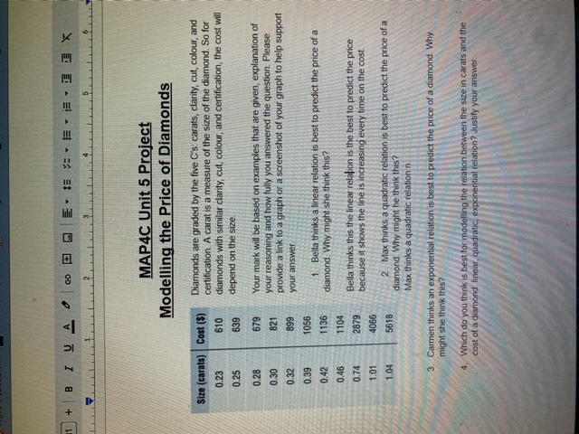 MAP4C Unit 5 Project Modelling the Price of Diamonds | Chegg.com