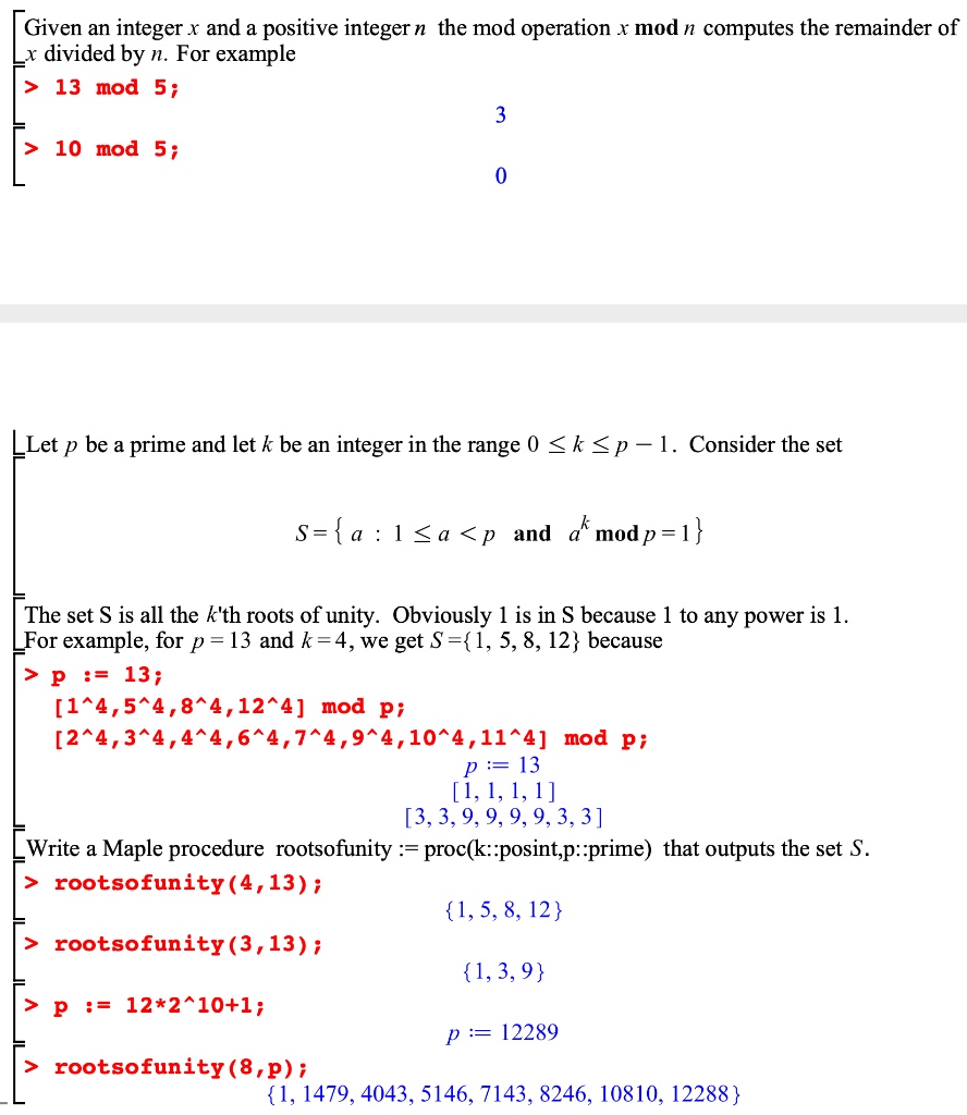 Given an integer x and a positive integer n the mod | Chegg.com