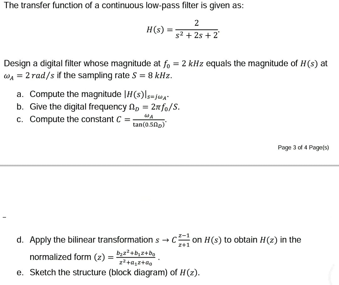 Solved The transfer function of a continuous low-pass filter | Chegg.com
