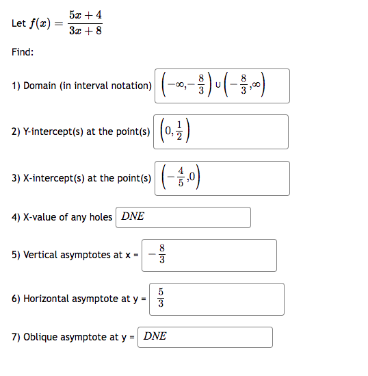 Let f(x)=5x+43x+8Find:Domain (in ﻿interval | Chegg.com