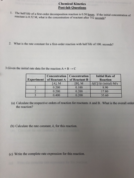 Solved Chemical Kinetics Post-lab Ọuestions 1. The half-life | Chegg.com