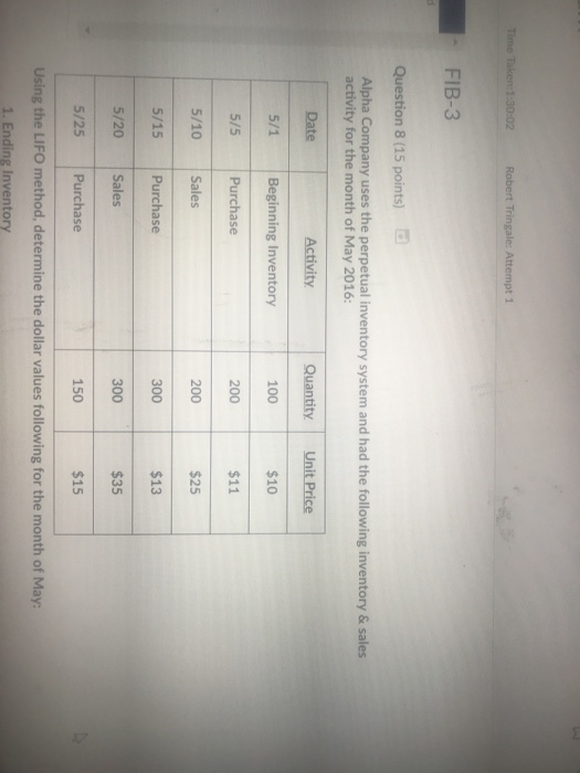 Solved Robert Tringale: Attempt 1 FIB-3 Alpha Company uses | Chegg.com