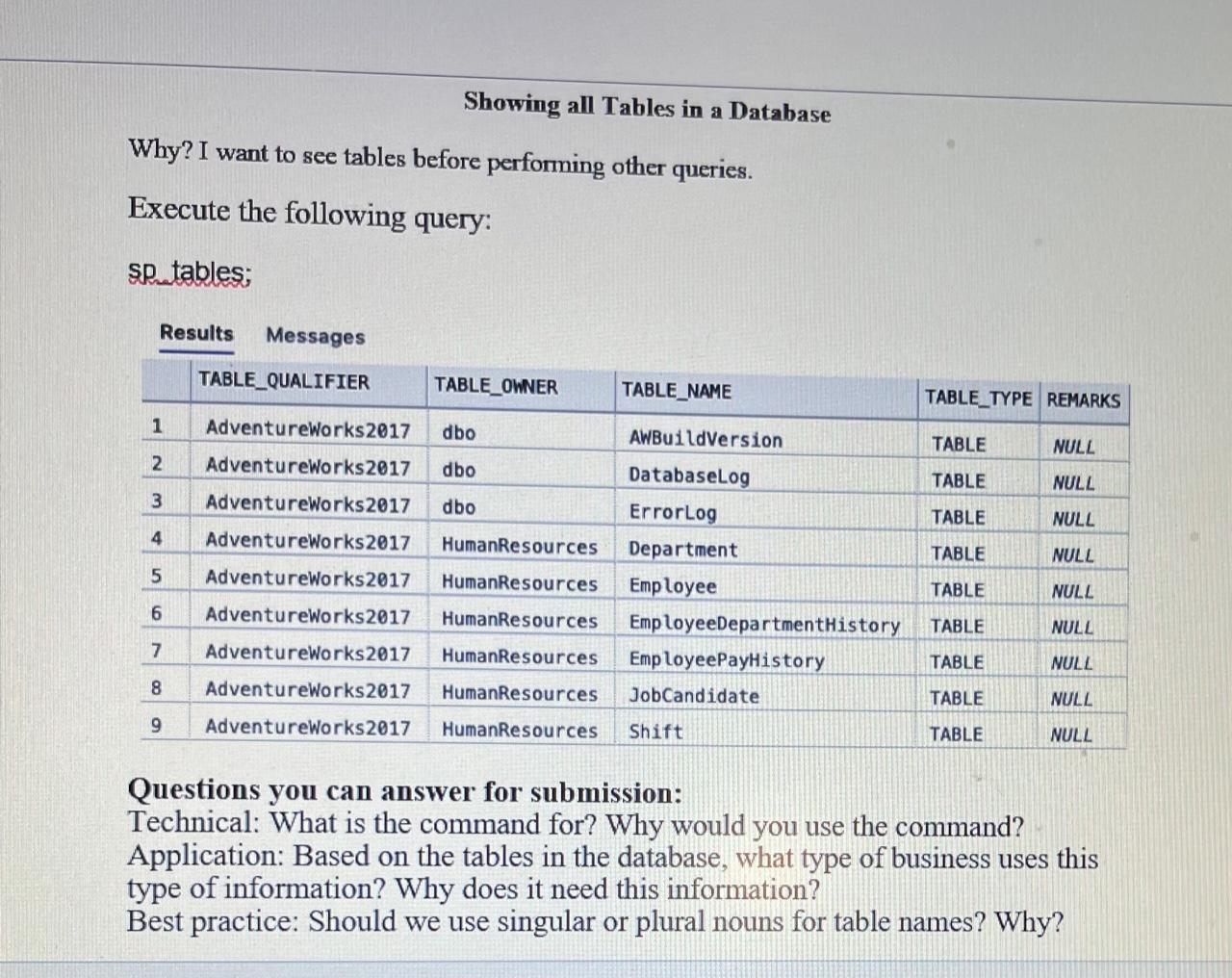 Solved Showing all Tables in a Database Why? I want to see | Chegg.com
