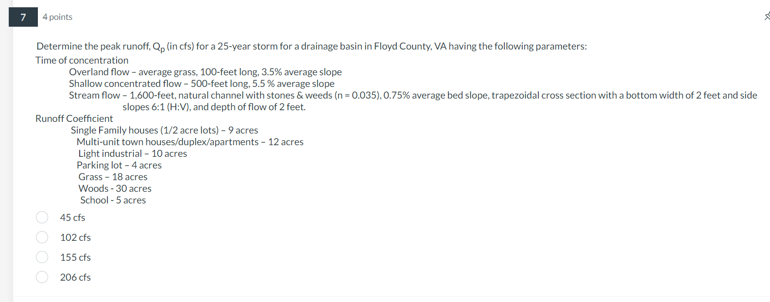 Solved Determine the peak runoff, Qp (in cfs) for a 25 -year | Chegg.com