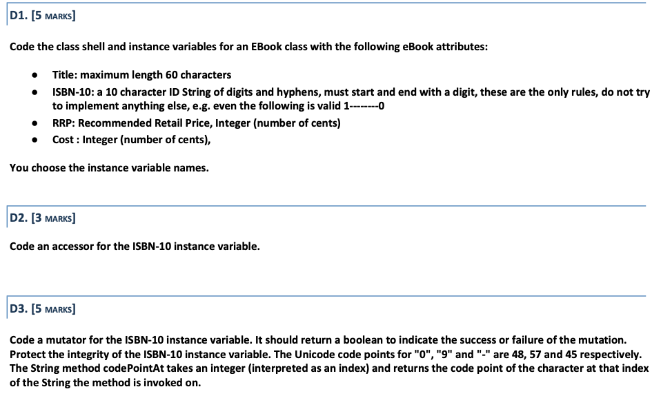 Solved D1. [5 MARKS] Code the class shell and instance | Chegg.com