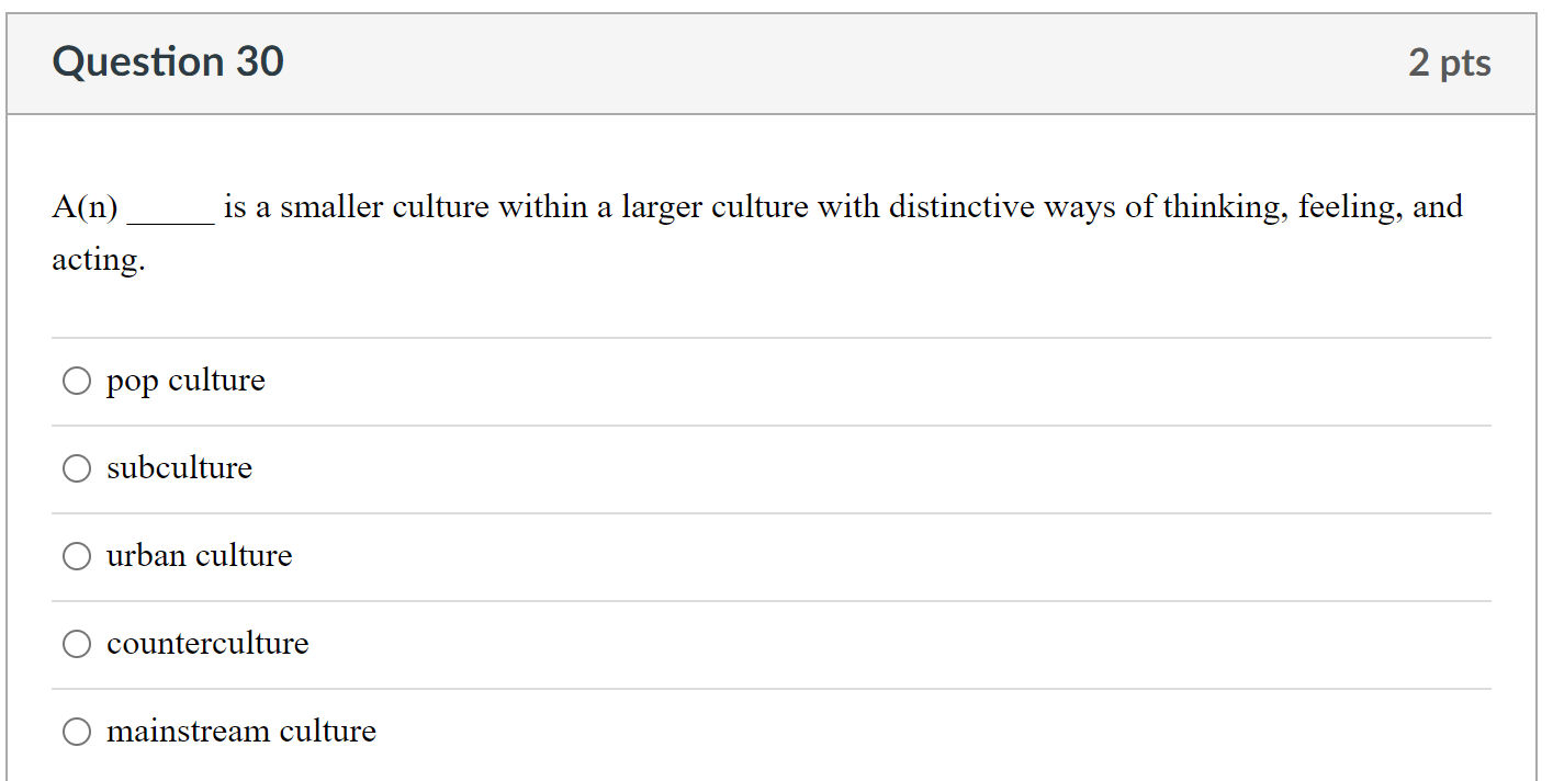 Solved Question 30A(n) ﻿is a smaller culture within a larger | Chegg.com