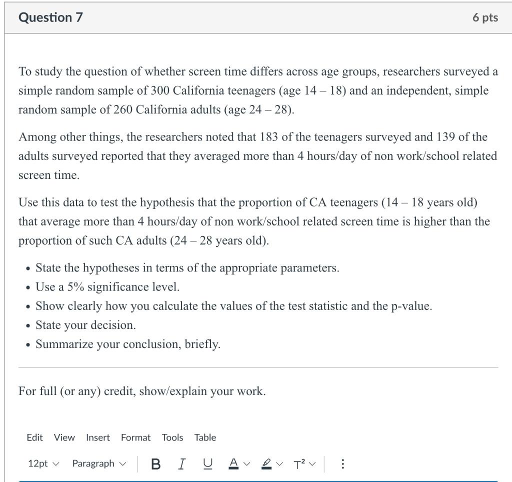 Solved To study the question of whether screen time differs | Chegg.com