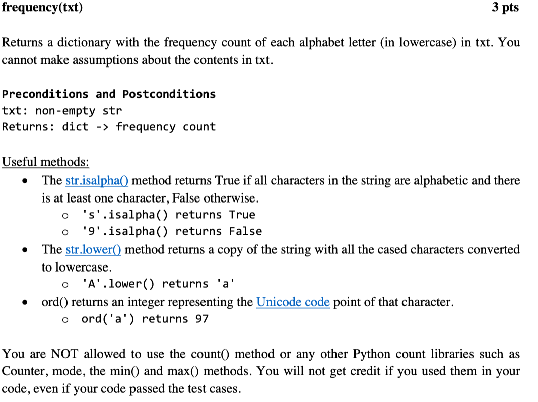 Solved frequency (txt) 3 pts Returns a dictionary with the | Chegg.com