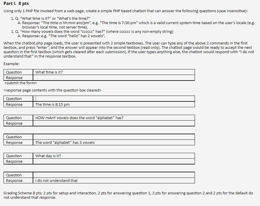 Part I. 8 pts Using only 1 PHP file invoked from a | Chegg.com
