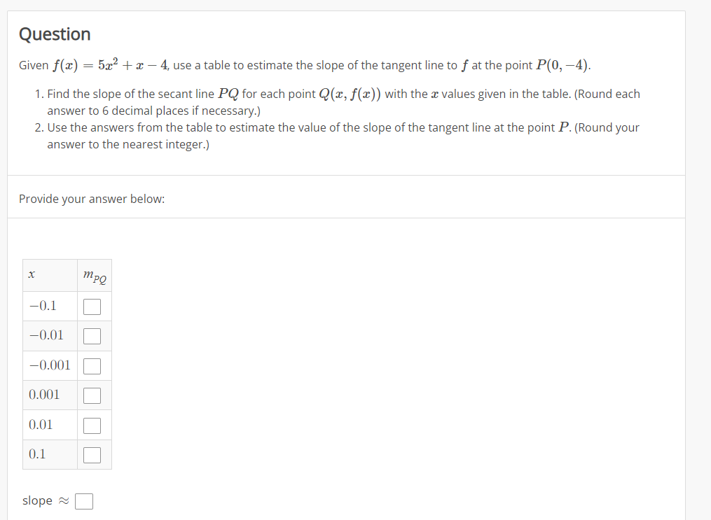 Solved Question Given f(x)=5x2+x−4, use a table to estimate | Chegg.com