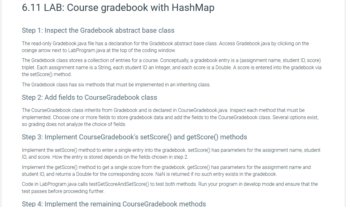 Solved 6.11 LAB: Course gradebook with HashMap Step 1: | Chegg.com
