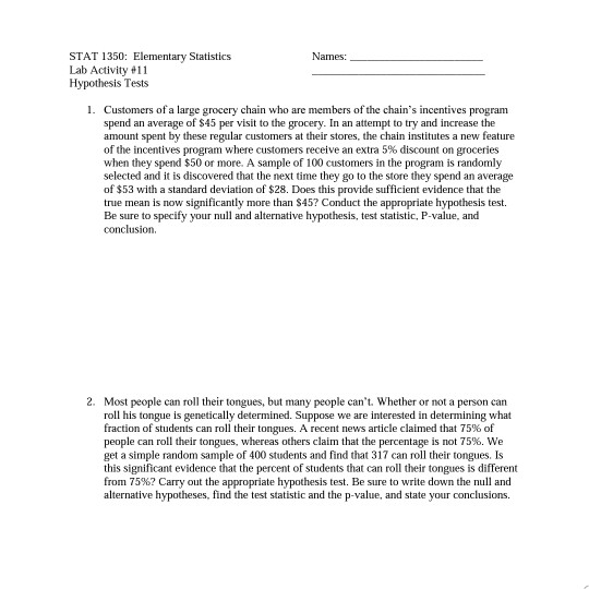 Solved STAT 1350: Elementary Statistics Lab Activity #11 | Chegg.com