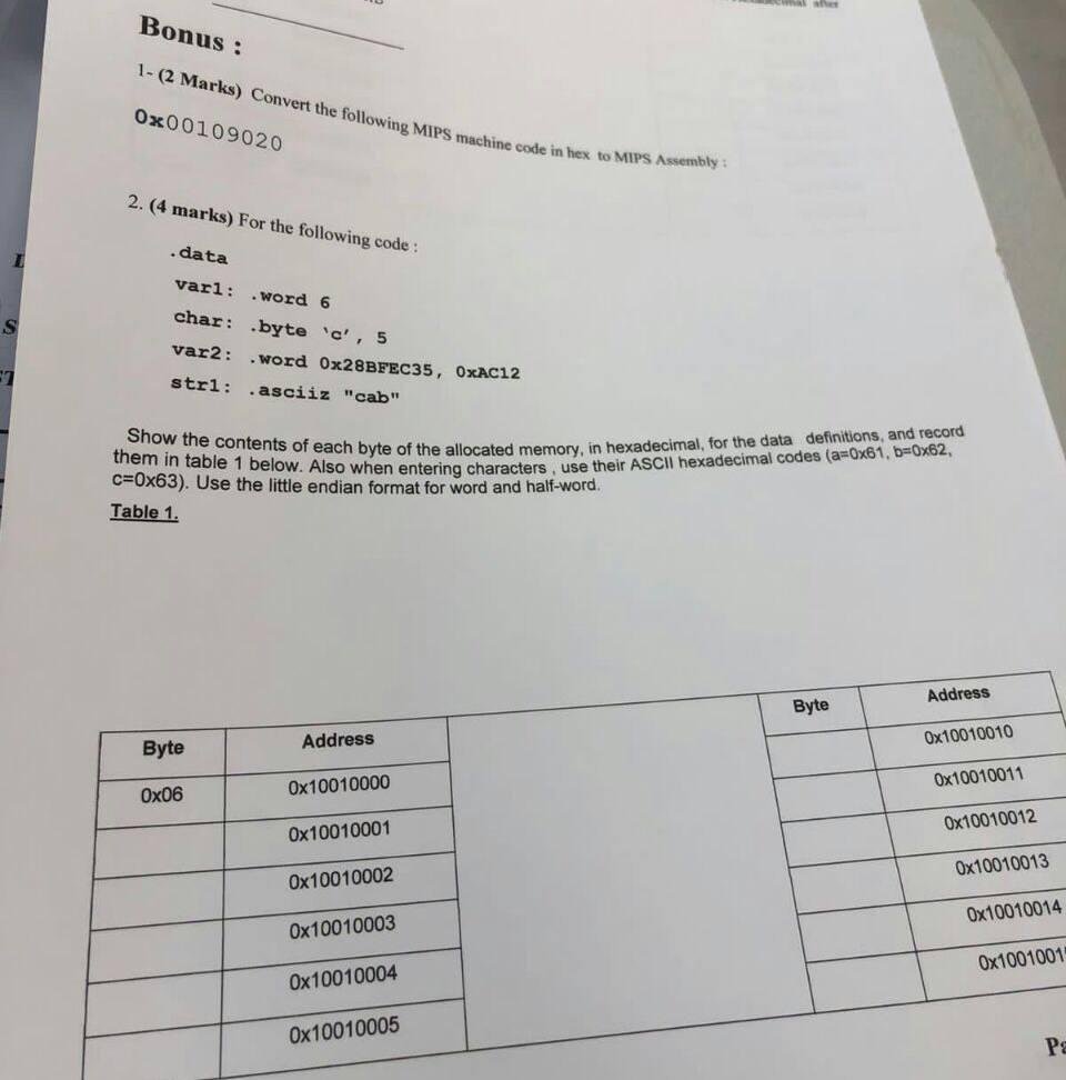 Solved Bonus : 1- (2 Marks) Convert the following MIPS | Chegg.com