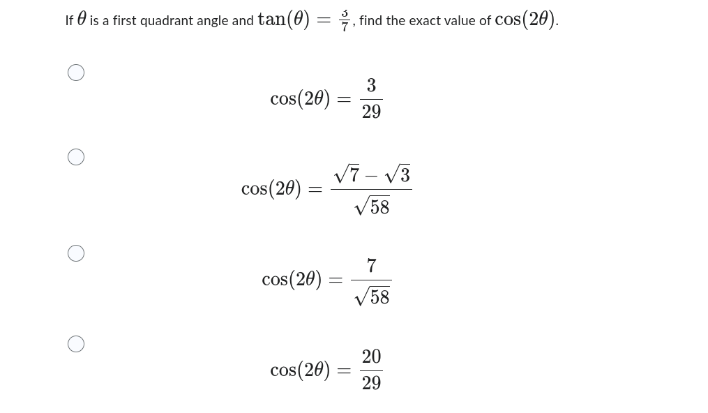 Solved If θ is a first quadrant angle and tan(θ)=73, find | Chegg.com