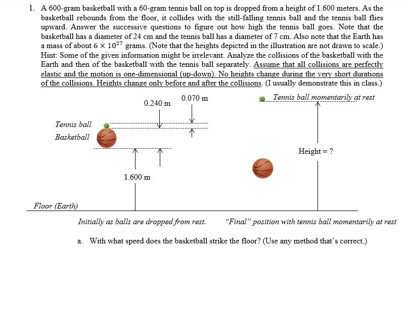 Solved 1. A 600-gram basketball with a 60-gram tennis ball | Chegg.com