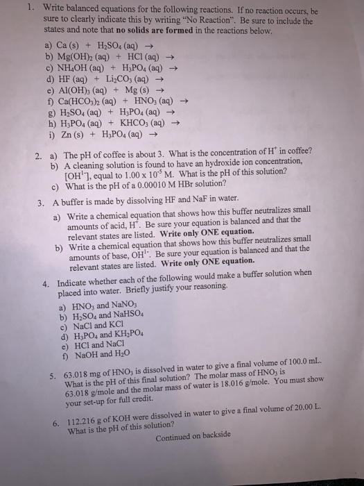 Solved 1. Write balanced equations for the following | Chegg.com