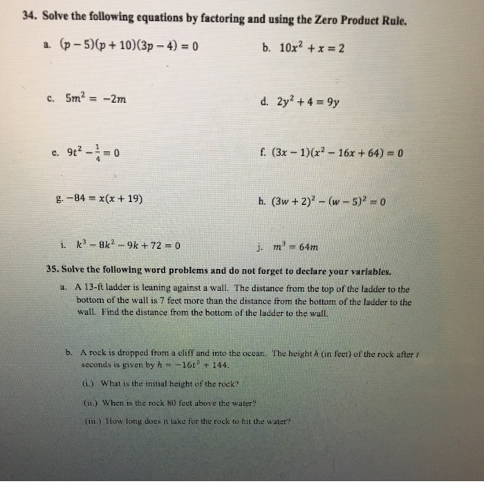 Solved 34. Solve the following equations by factoring and | Chegg.com