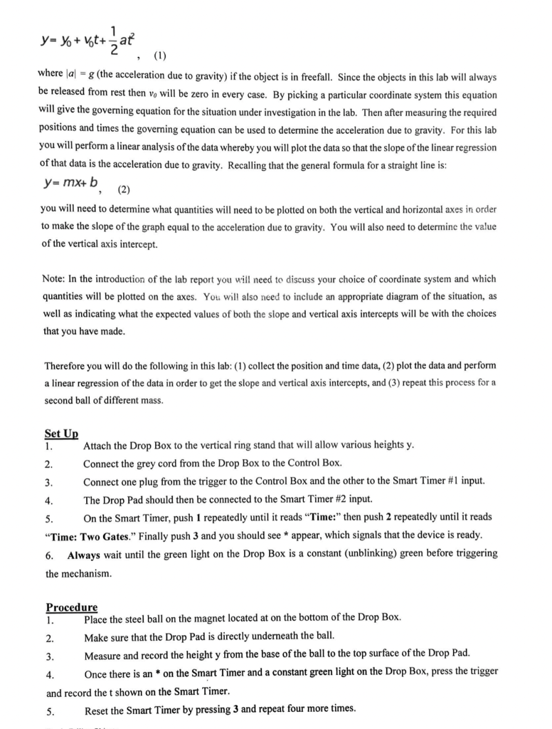 PHYS 2425 Engineering Physics I Freefall Motion Lab | Chegg.com